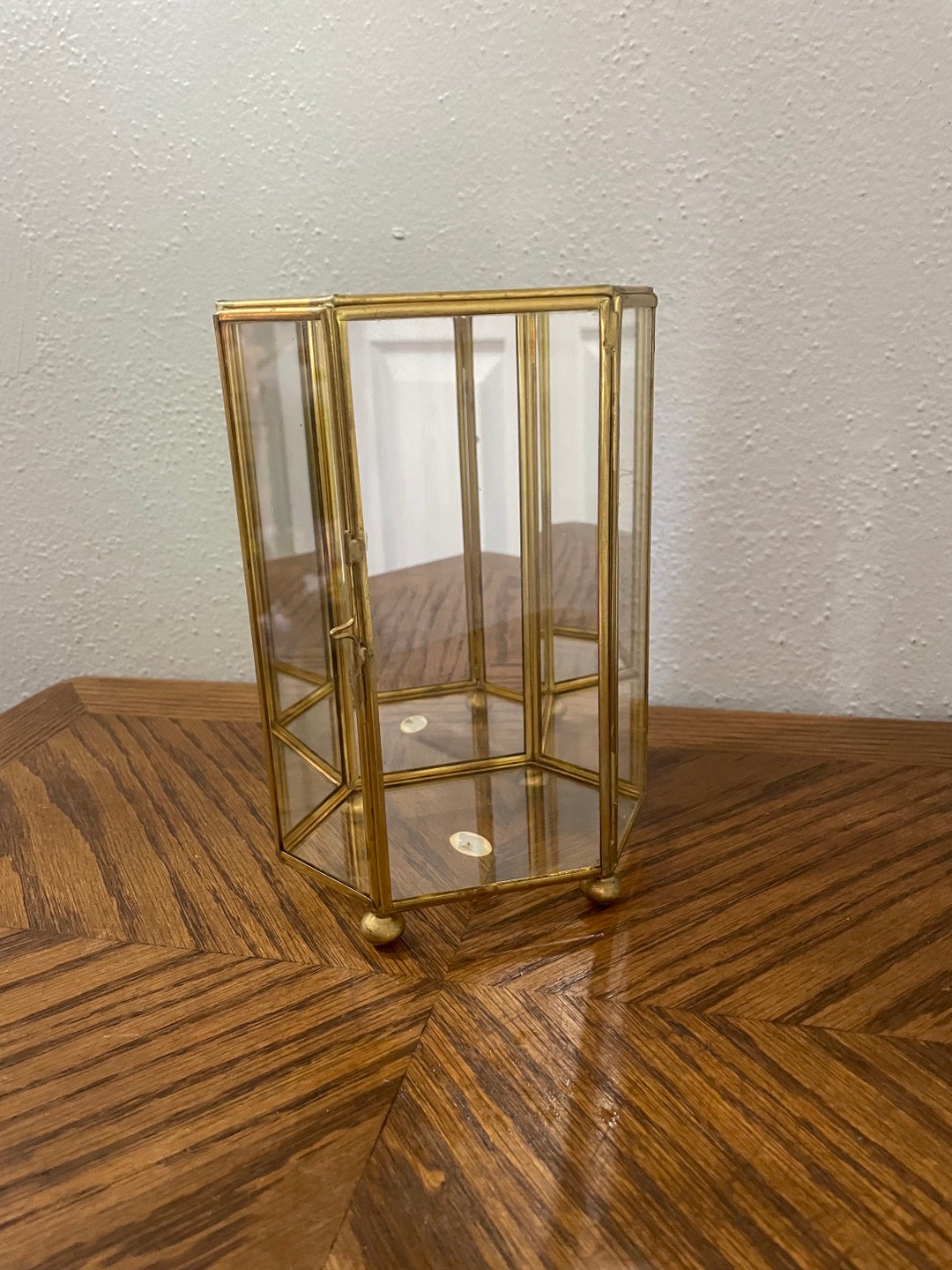Vintage Brass and Glass Curio Cabinet, Glass Trinket Box, Glass Jewelry ...