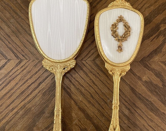 Vintage Gold Toned Brush & Mirror Set Gold Wreath Decals Floral ...