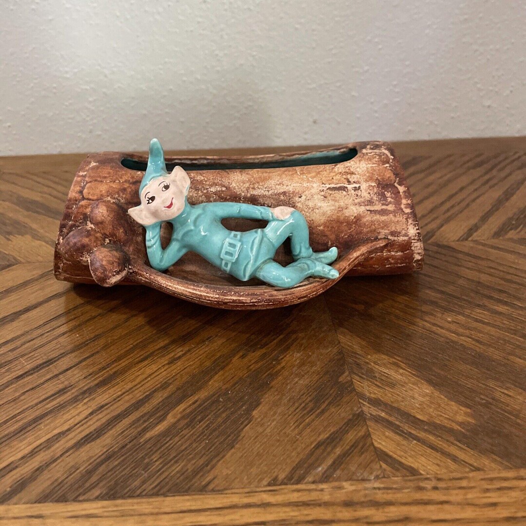Vintage Green Pixie Ceramic Pottery Elf on A Log Planter - Etsy