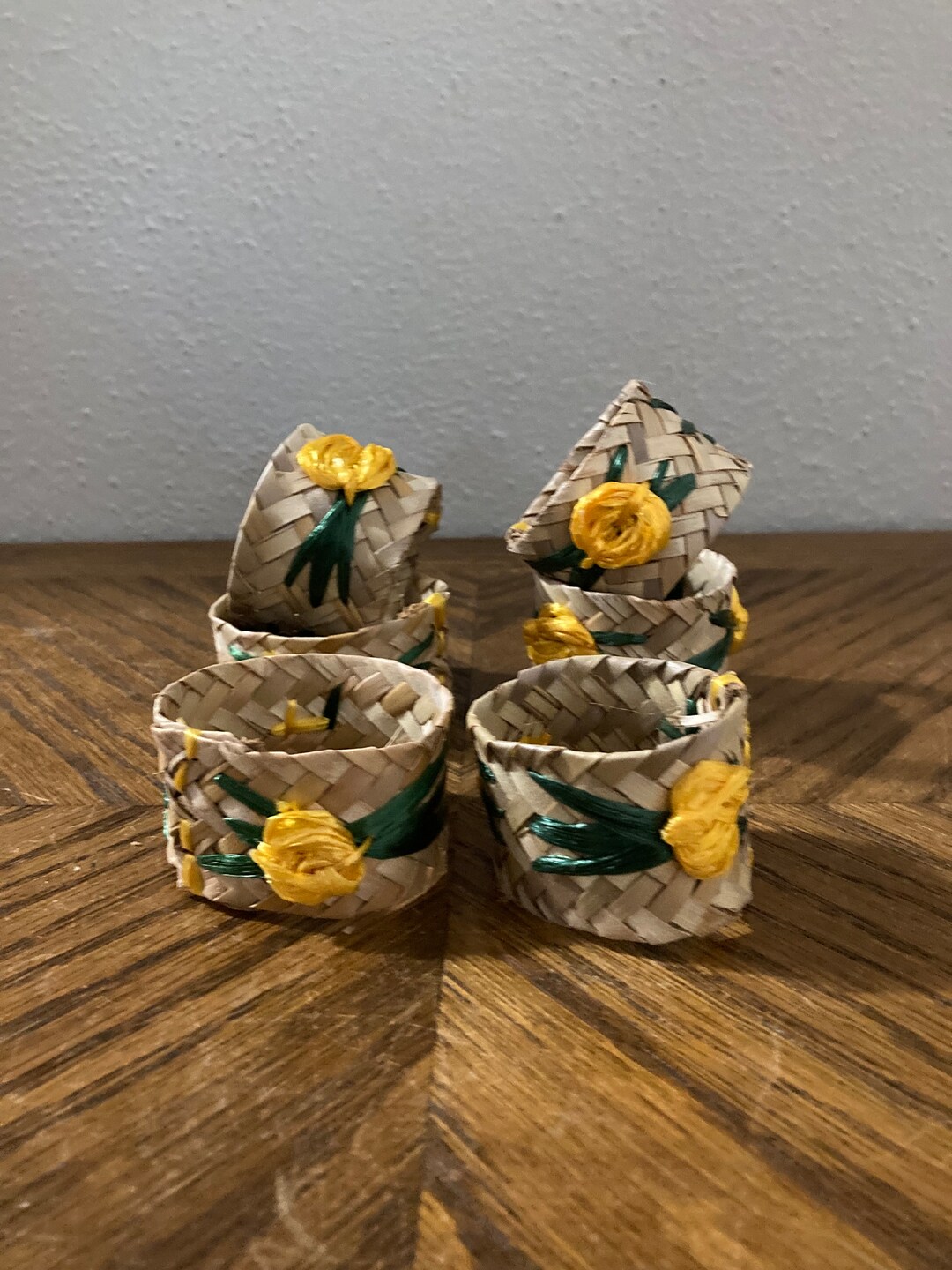 Vintage Woven Napkin Rings, Set of 6, Yellow Flowers, Basket Napkin ...