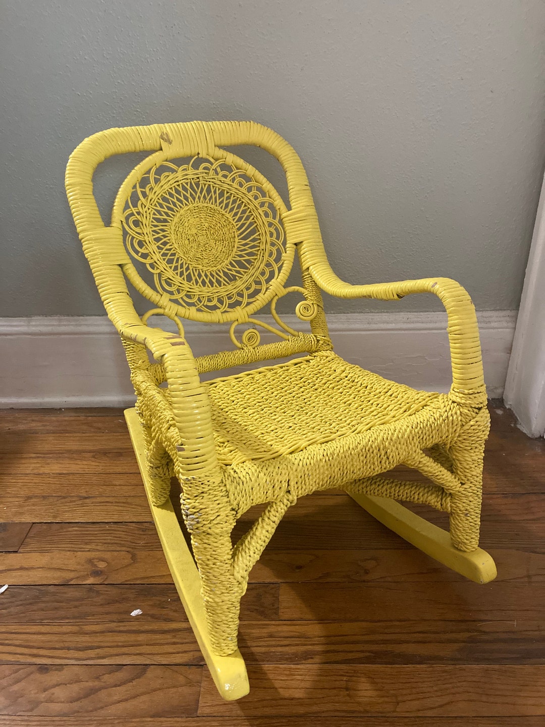 Yellow Wicker Child's Rocking Chair, Vintage Wicker Rocking Chair - Etsy
