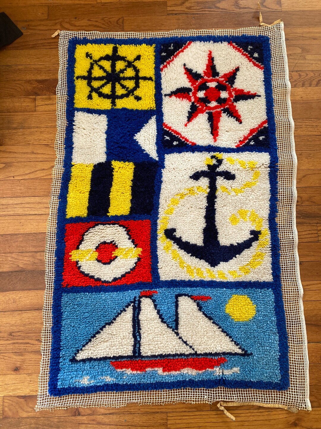 Vintage Nautical Latch Hook Rug, Sailboat Wall Hanging, Anchor, Yarn ...