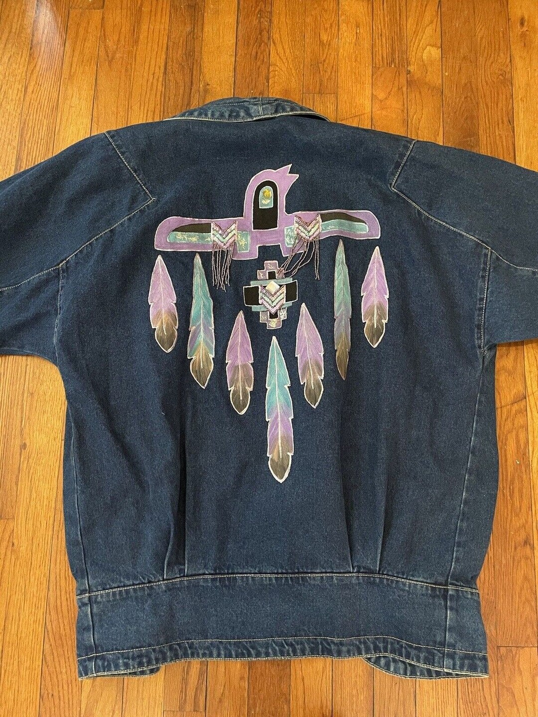 Vintage Apache Denim Blazer: Painted Purple Feathers, Southwestern ...