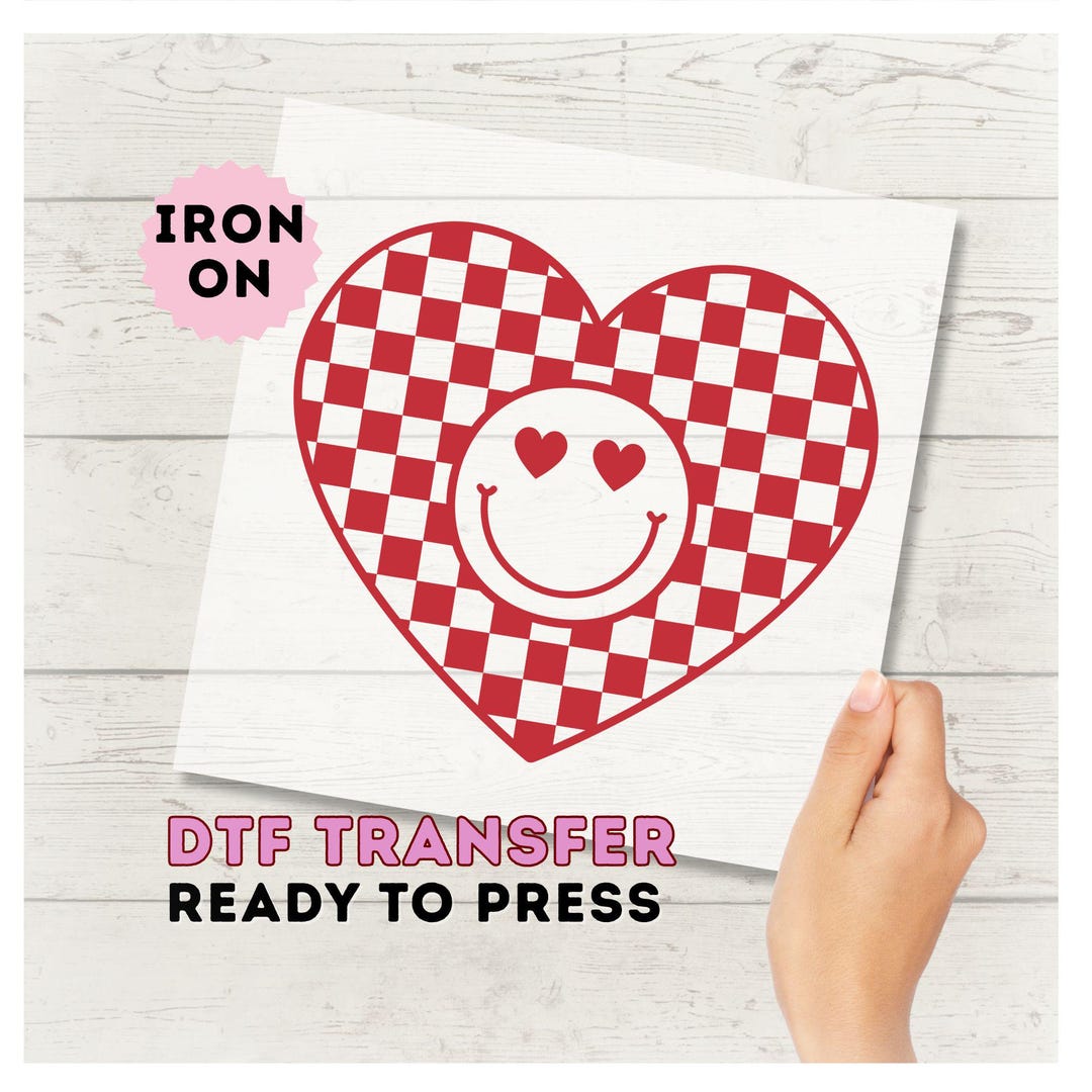 DTF Transfer - Ready to Press - Smiley Face Checkered Heart Valentine's ...