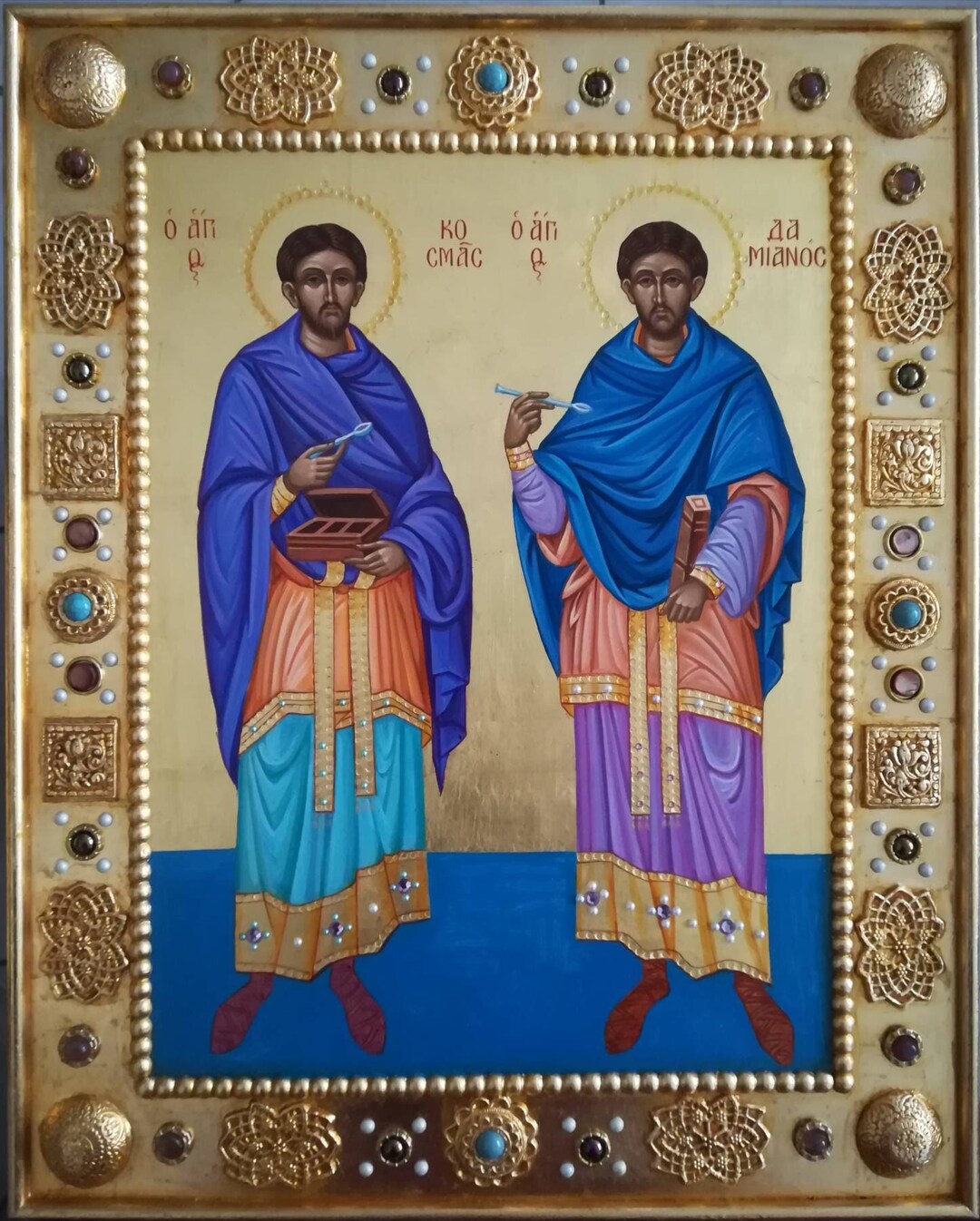 St Cosmas and St Damian Icon Greek Orthodox Icons Unique Hand Crafted Frame With Stones and ...