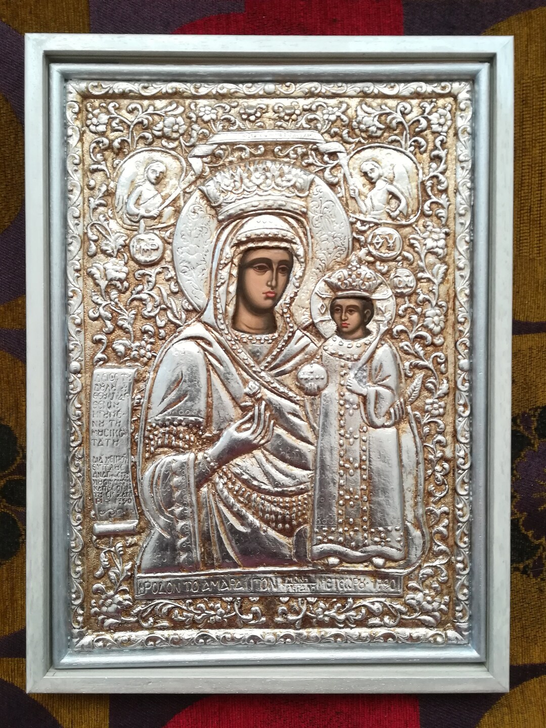 Virgin Unfading Rose Relief Silver Icon Rare Virgin Mary and Child ...