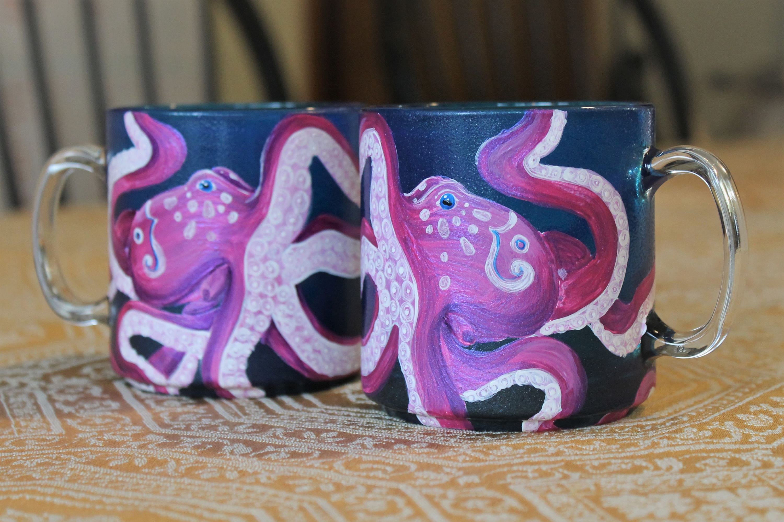 Glass Octopus Mugs Hand Painted in Sapphire and Magenta - Etsy