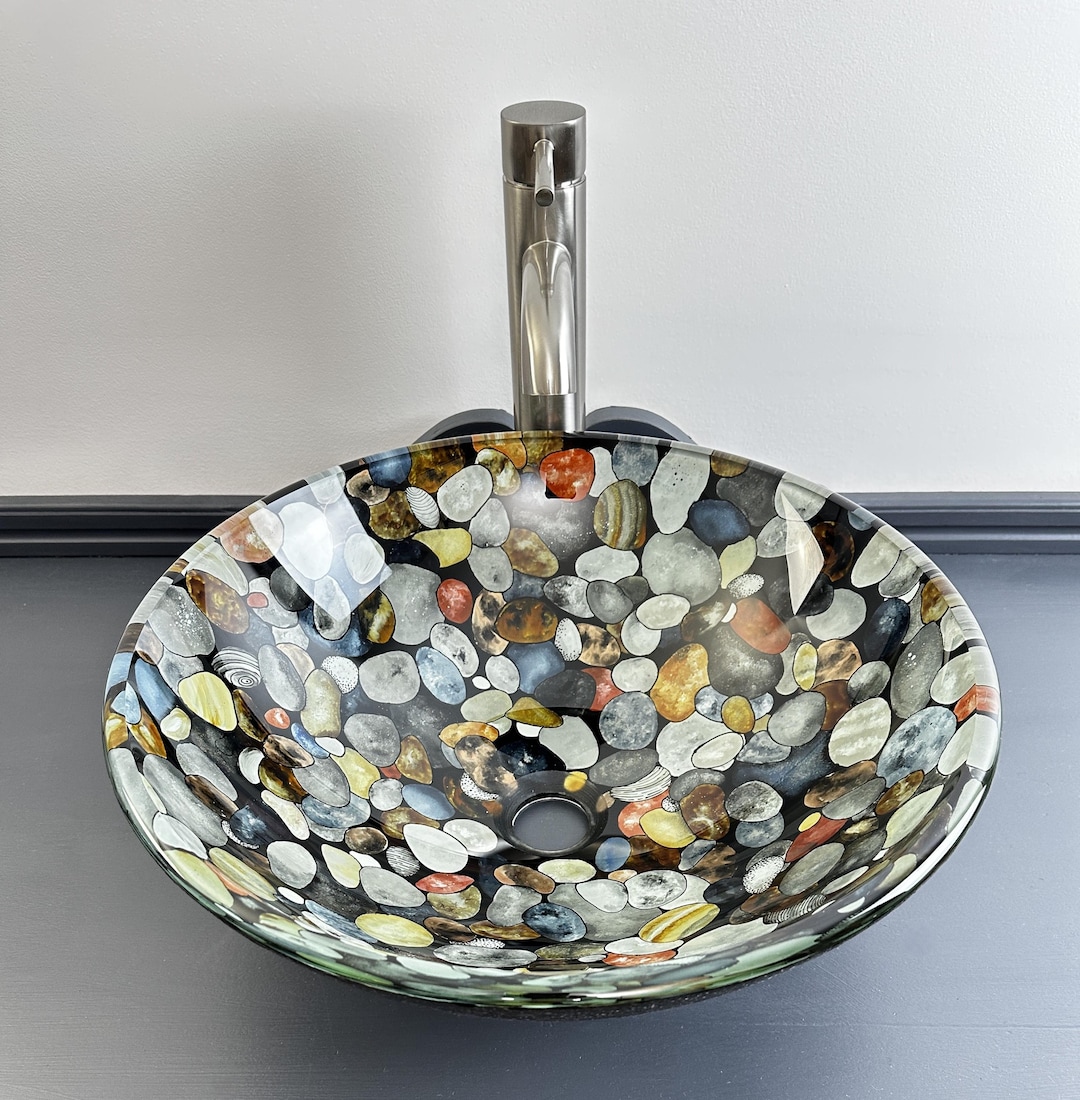 Hand Painted Glass Vessel Sink, Rocky River Bed Design - Etsy