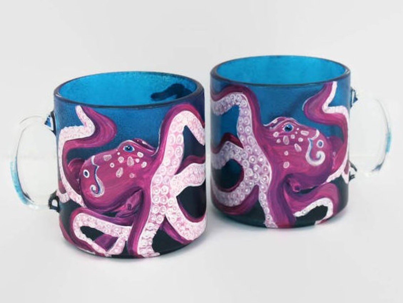Glass Octopus Mugs Hand Painted in Sapphire and Magenta - Etsy