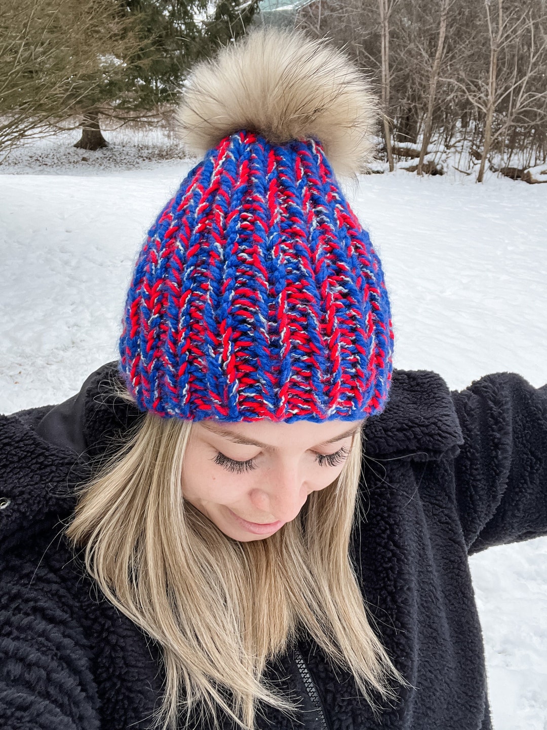 Buffalo Knit Hat, Buffalo Football Pom Pom Hat, Adult Slouchy Hat ...