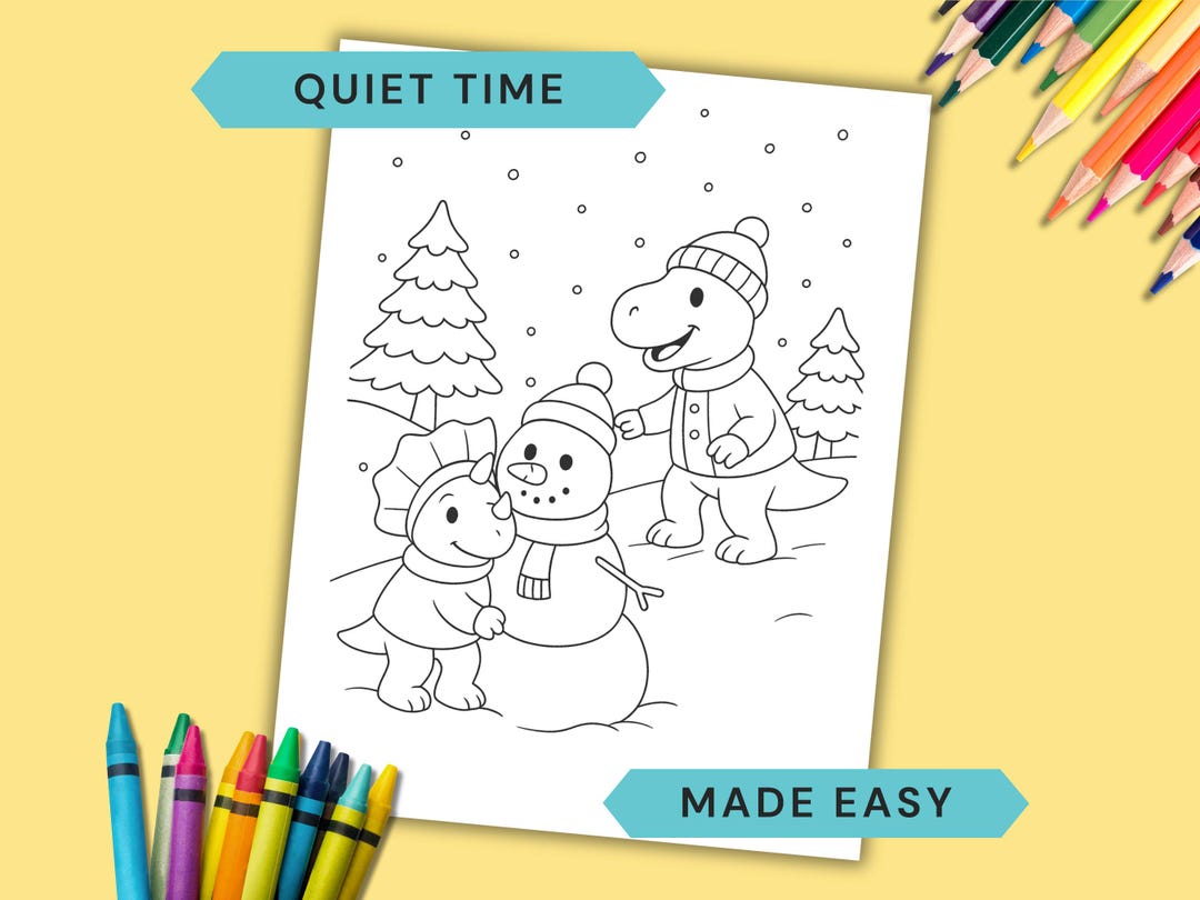 Dinosaurs Building a Snowman Coloring Page, Cute Winter Dino Printable ...
