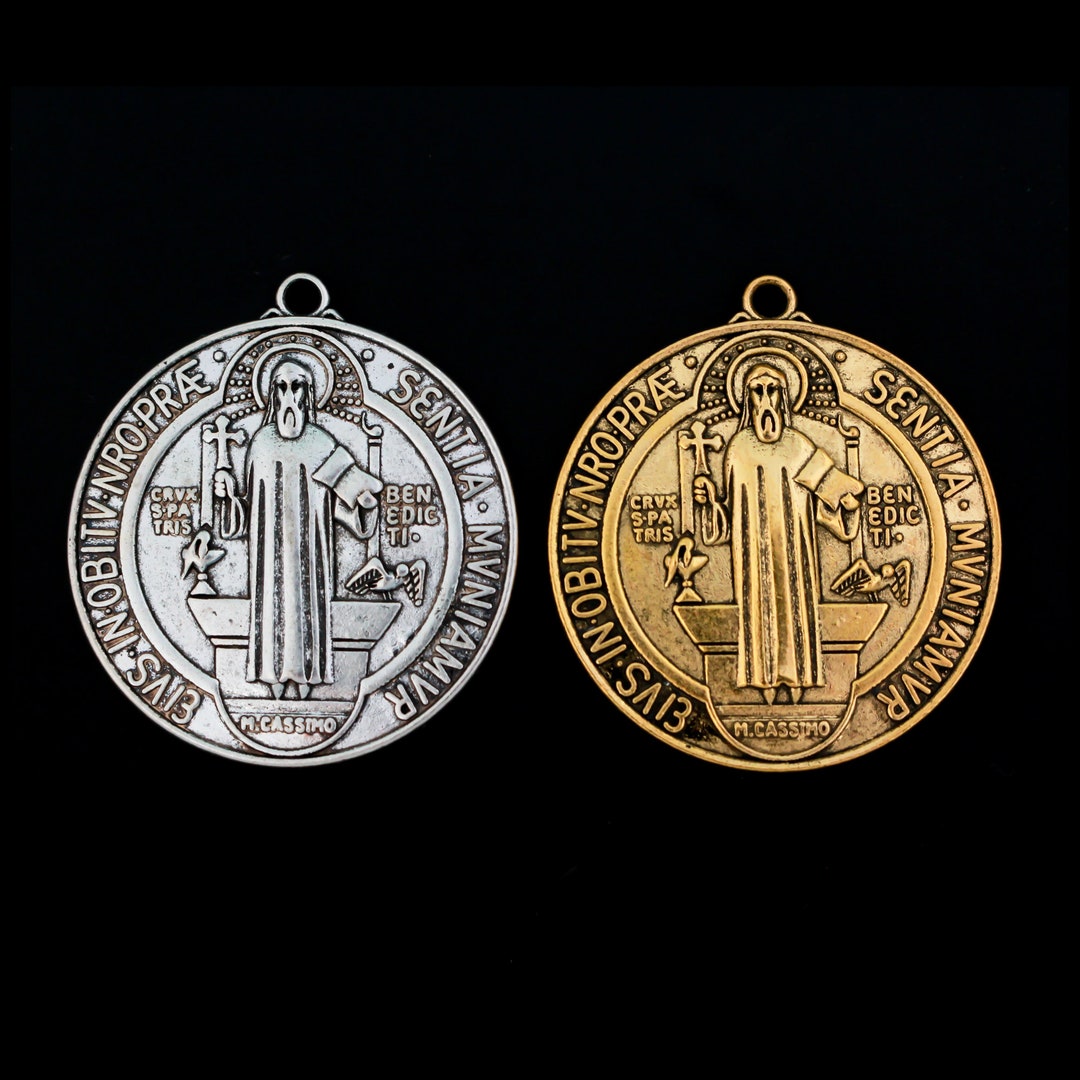 Large Round Saint Benedict Medal 2" Long - Available in Antique Silver ...