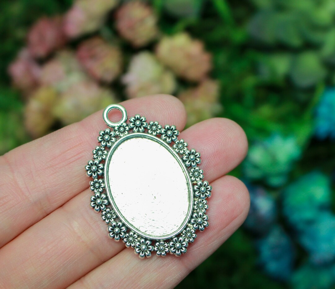 5 Silver Flower Bezel Tray - Fits 25x18mm Oval Cabochon, Ornate Daisy ...