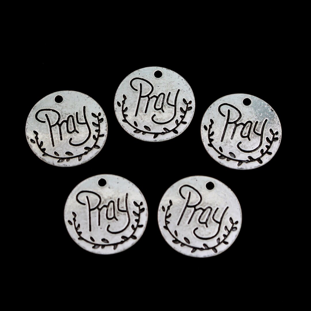 5 Pray Charms 20mm Round Antique Silver Pendants - 5pcs - Etsy