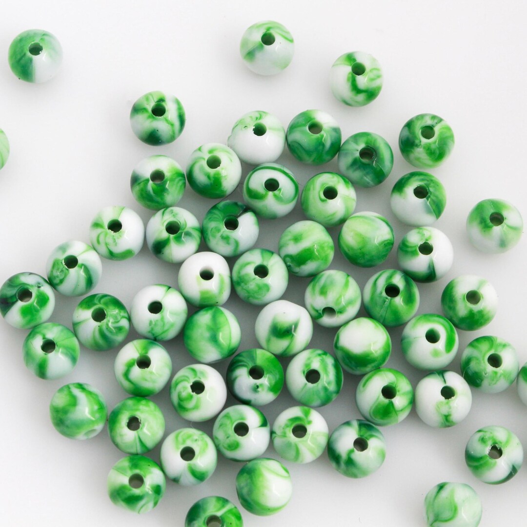 8mm Green and White Marbled Beads - Acrylic Gumball Opaque Round Prayer ...