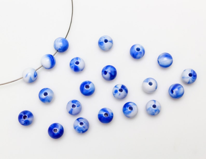 8mm Blue and White Marbled Beads - Acrylic Gumball Opaque Round Prayer ...