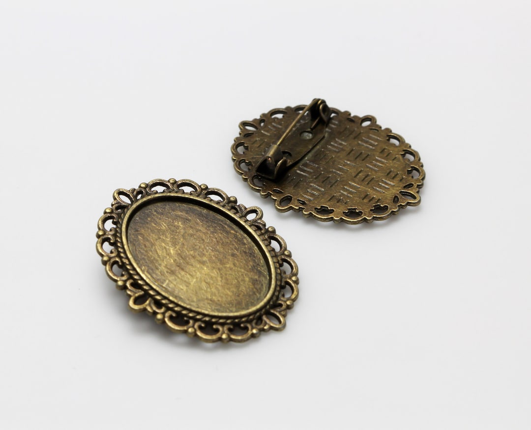 Bronze Bezel Brooch Pin Blanks - Oval Cabochon Setting With Ornate ...