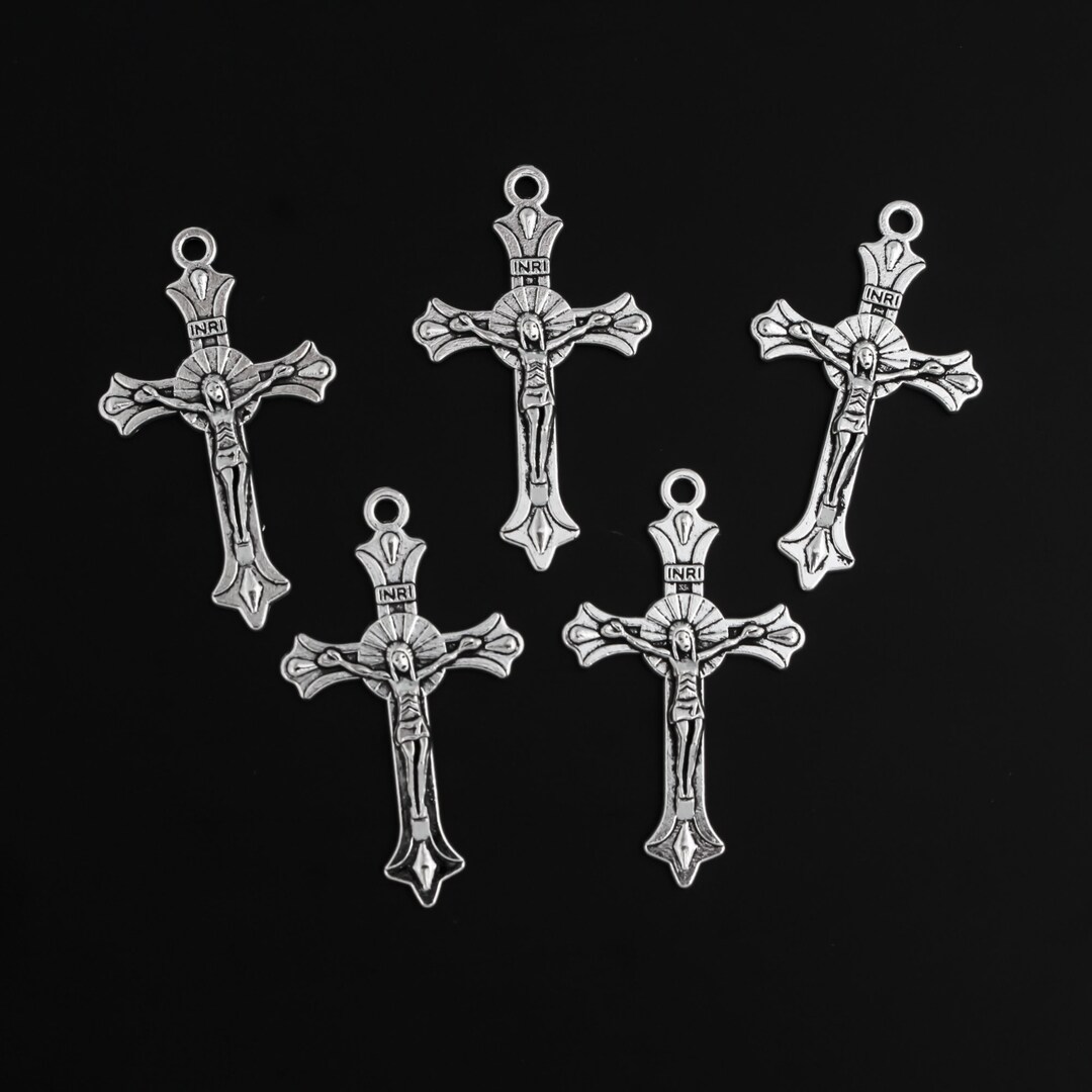 5 Small Crucifix Cross Charms in Antique Silver, Starburst Design With ...