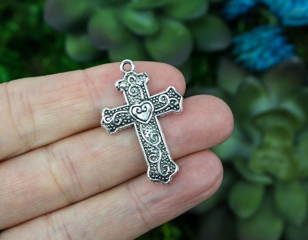 Ornate Heart Cross Charms in Antiqued Silver Color 33mm Long Religious ...