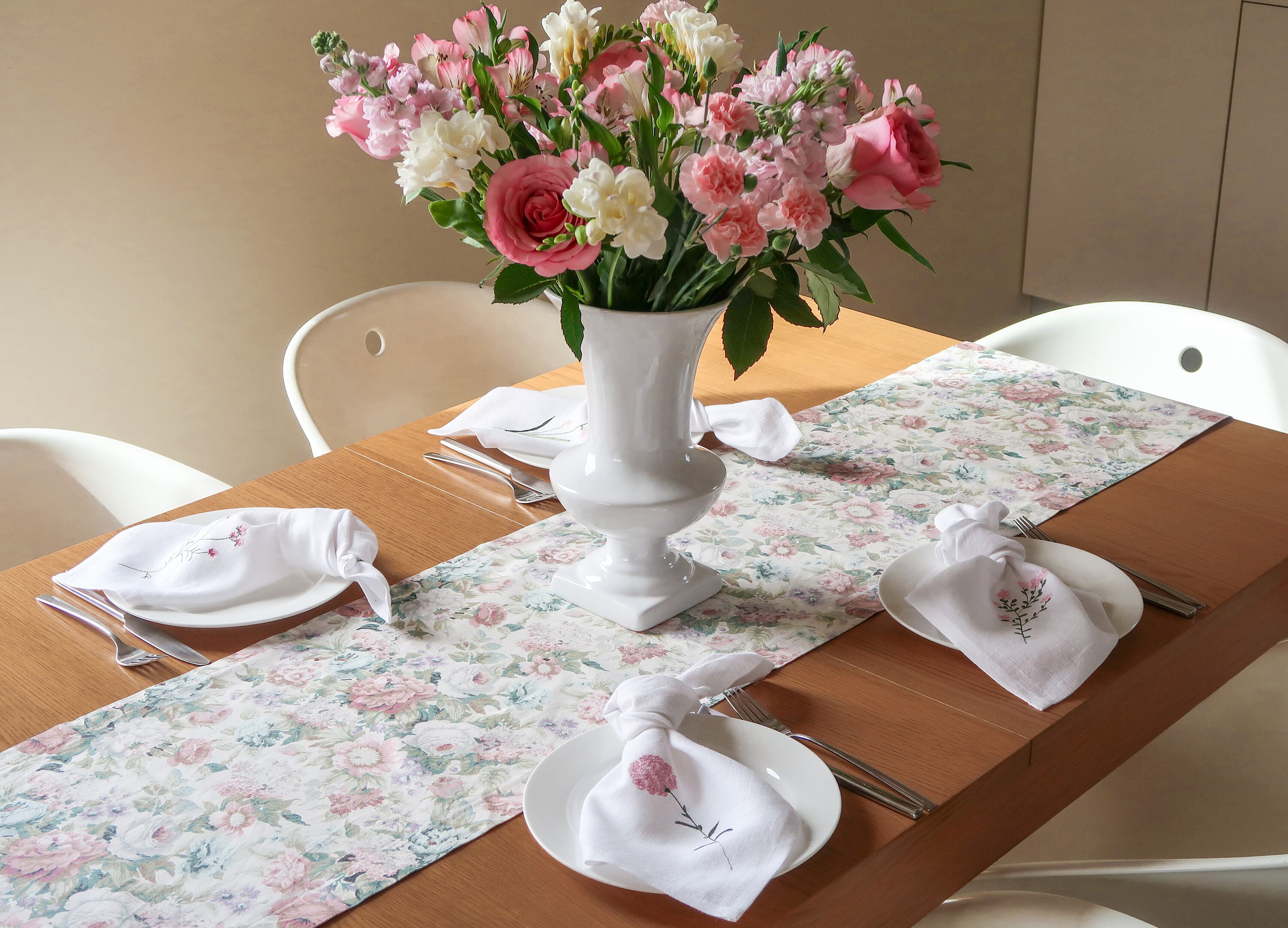 Teacher Appreciation Gift White Wedding Floral Embroidered Linen Dinner ...