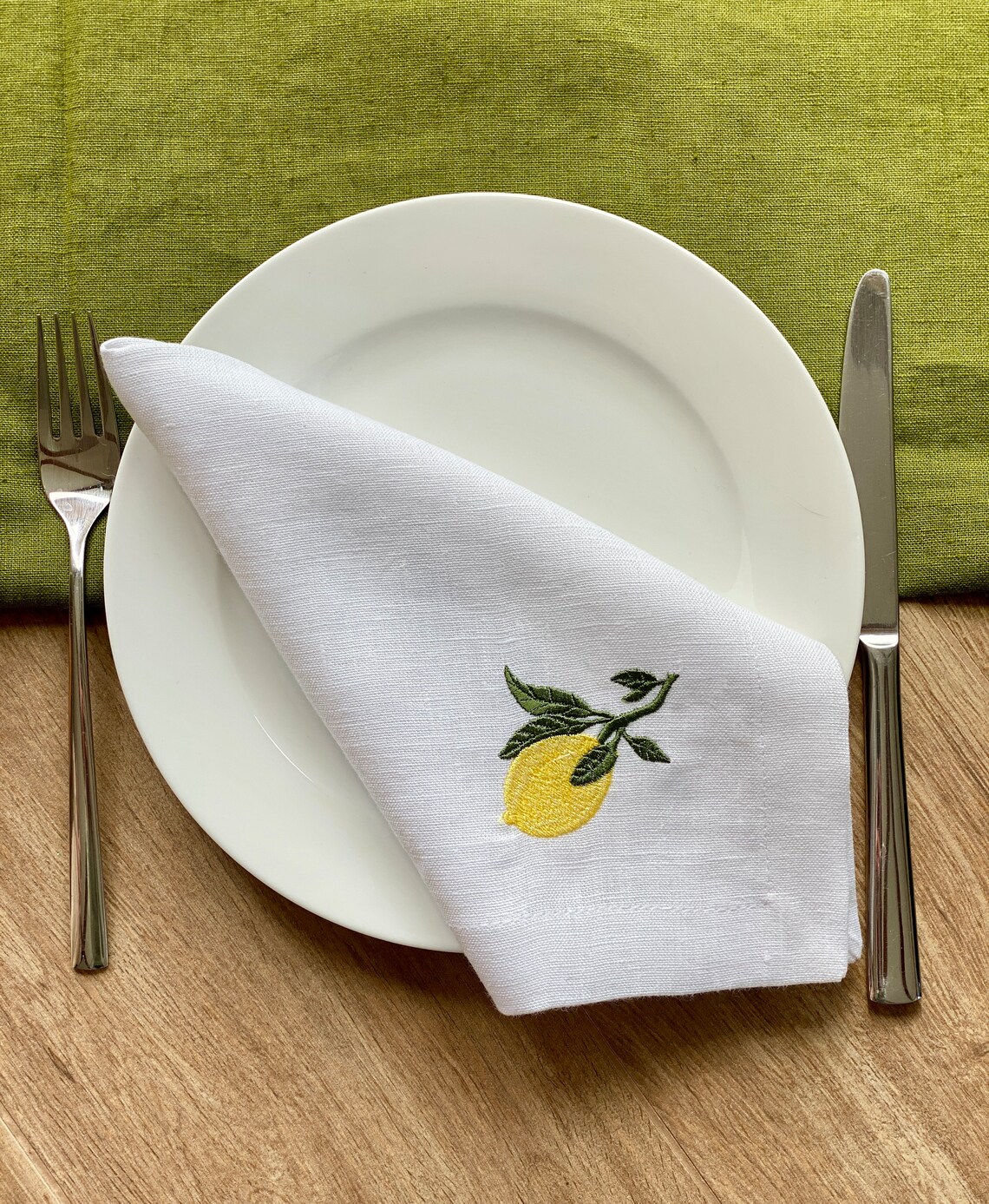 White Linen Napkin With Lemon Embroidery Dinner Napkin Set of - Etsy