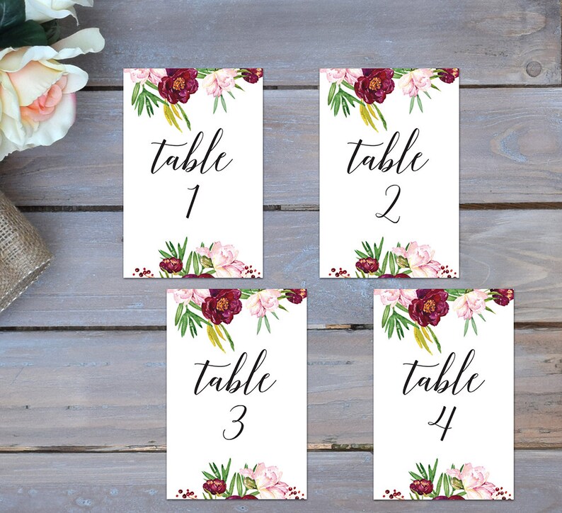 Burgundy Table Numbers Printable Table Numbers Wedding - Etsy