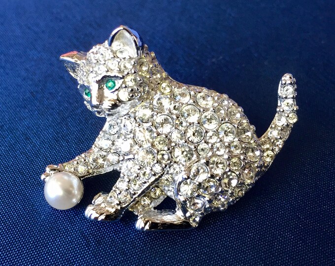Swarovski Signed Vintage Crystal Kitten With Ball Brooch, Swarovski Cat ...