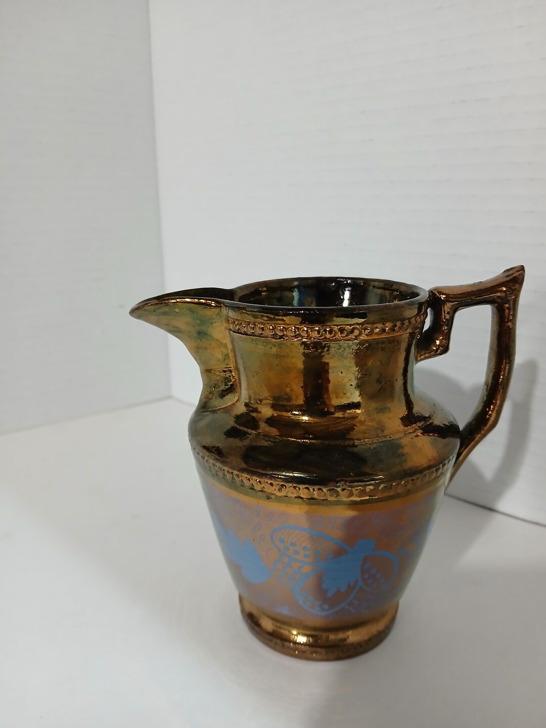 Vintage Antique Brown Copper Lusterware Pitcher With Blue Decoration - Etsy