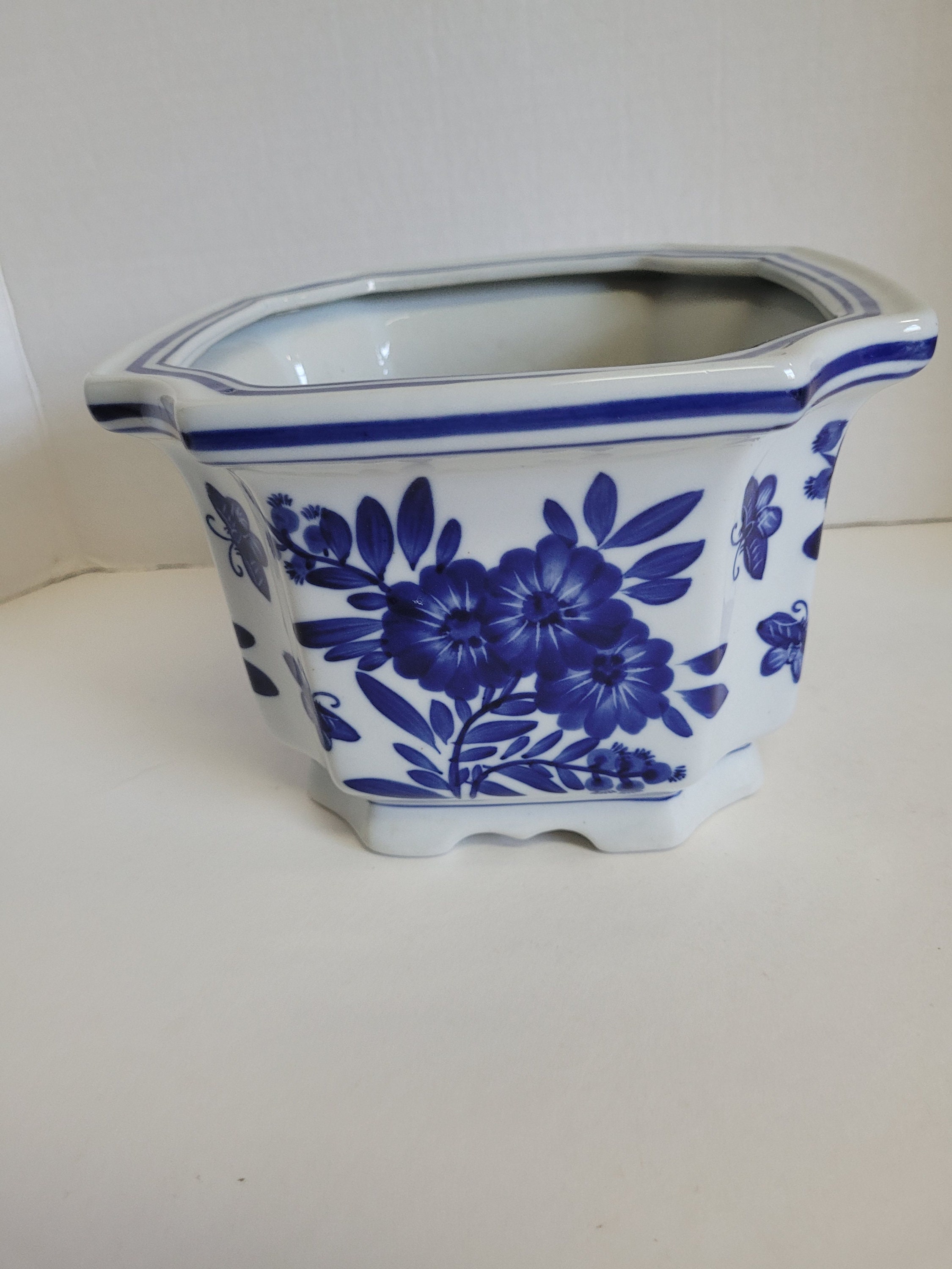 Vintage Planter Blue White Cache Pot Square Octagon Floral Pot Chinoiserie Butterfly Design ...