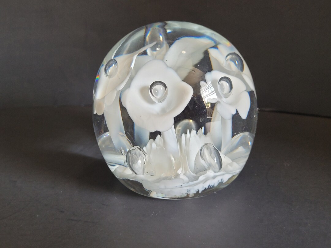 St. Clair Glass Paperweight White Floral Design With Controlled Bubbles ...