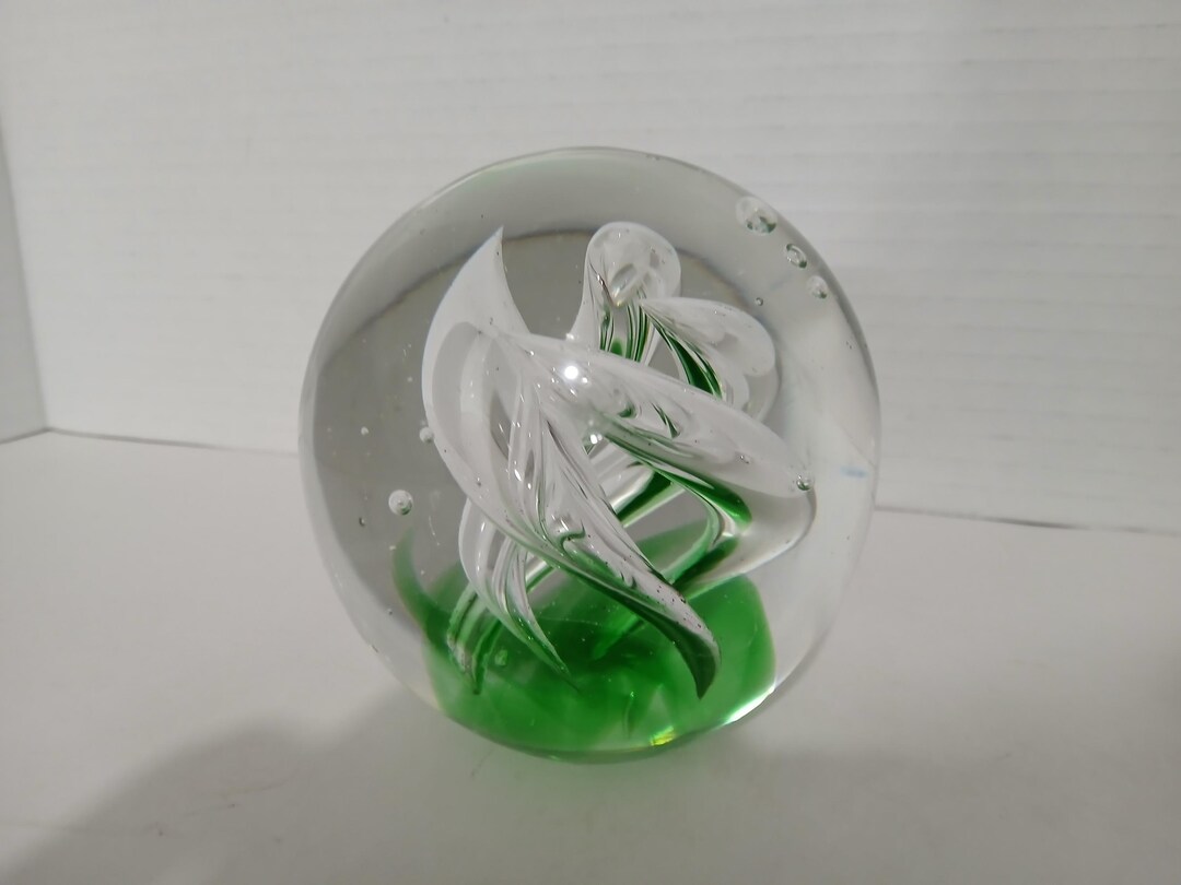 Large Glass Paperweight Green and Clear Swirls - Etsy