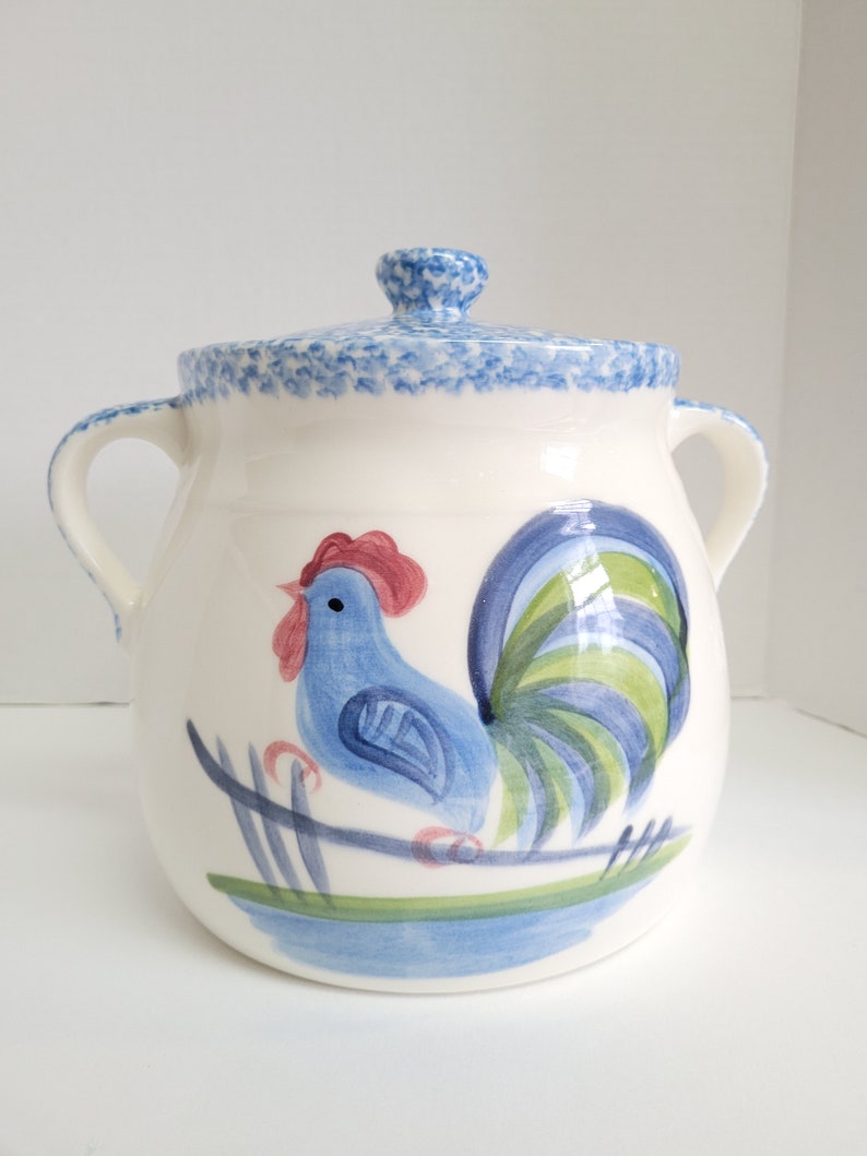 Blue and White Spongeware Bean Pot Crock Pot Rooster Blue Stipple ...