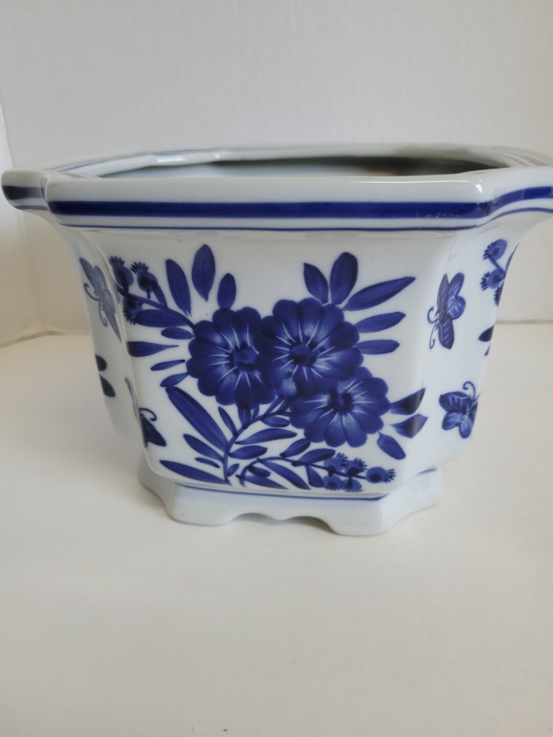 Vintage Planter Blue White Cache Pot Square Octagon Floral Pot ...