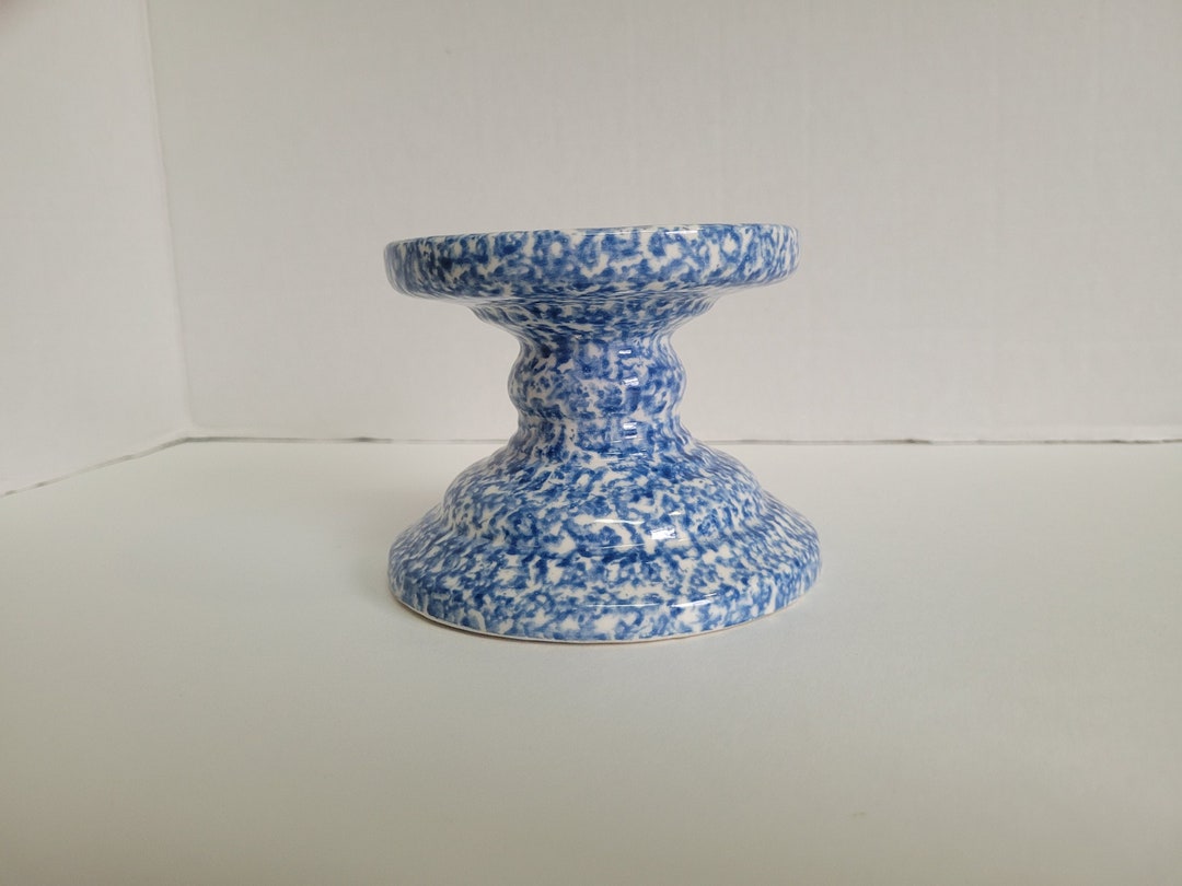 Blue and White Spongeware Pillar Candle Holder Designcraft - Etsy