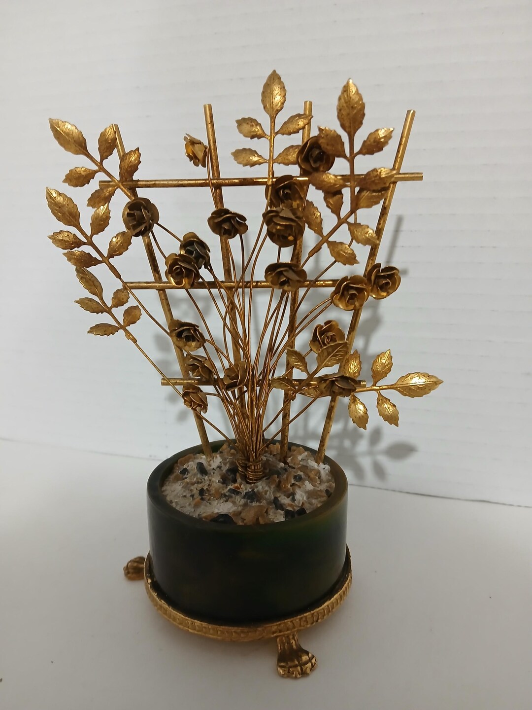 Vintage Gold Tone Topiary Sculpture of Roses on Trellis Green Container ...