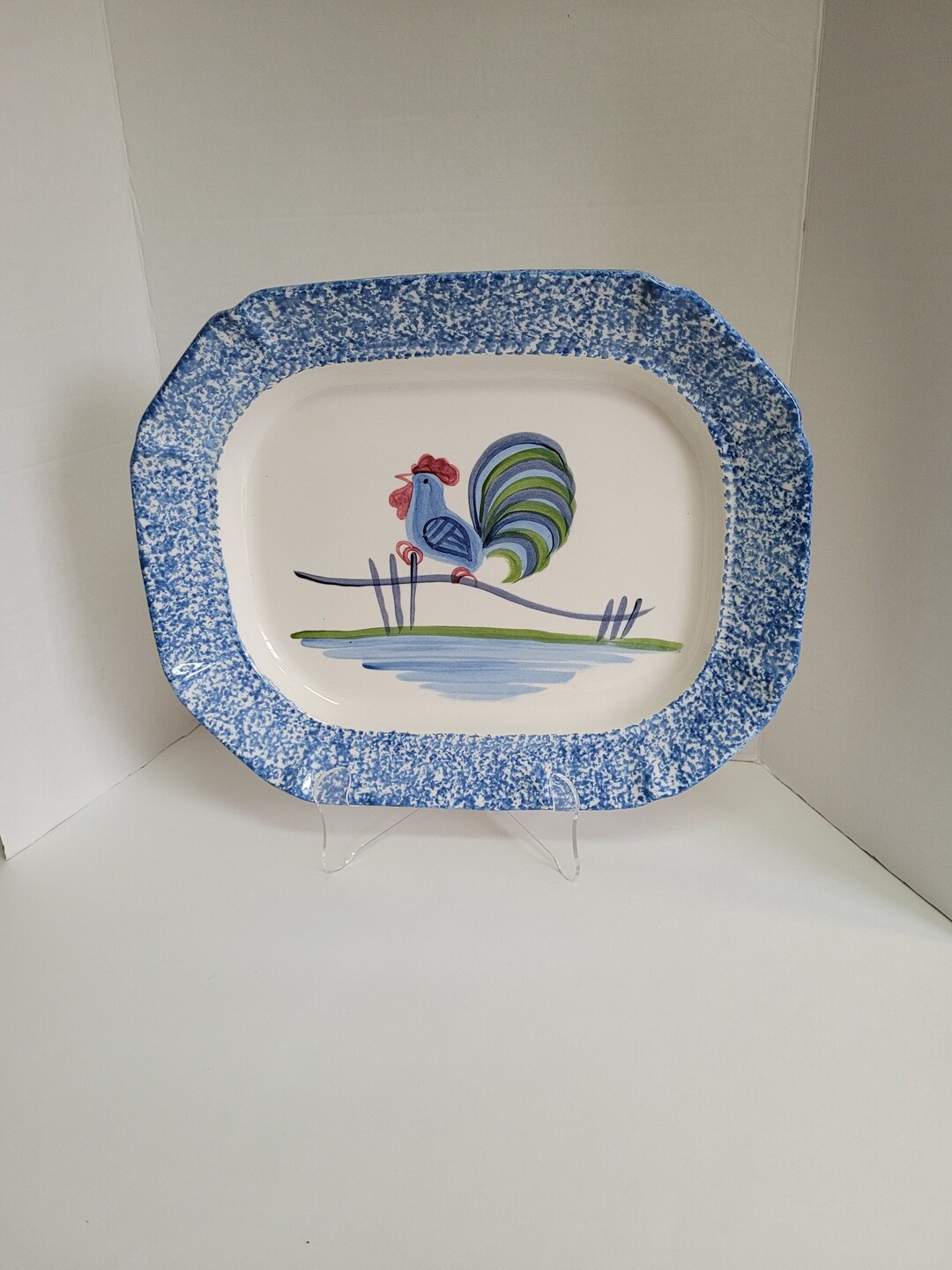 Large Vintage Blue and White Spongeware Platter Rooster Designcraft ...