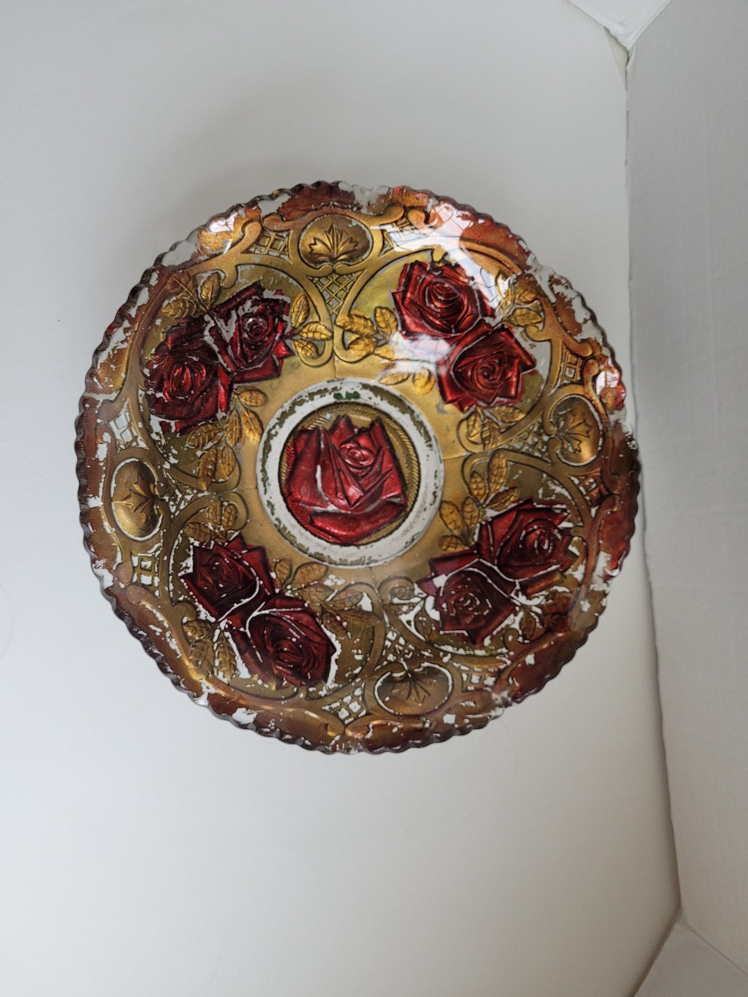 Vintage Antique Goofus Glass Bowl Roses Red and Gold Scalloped Edge - Etsy