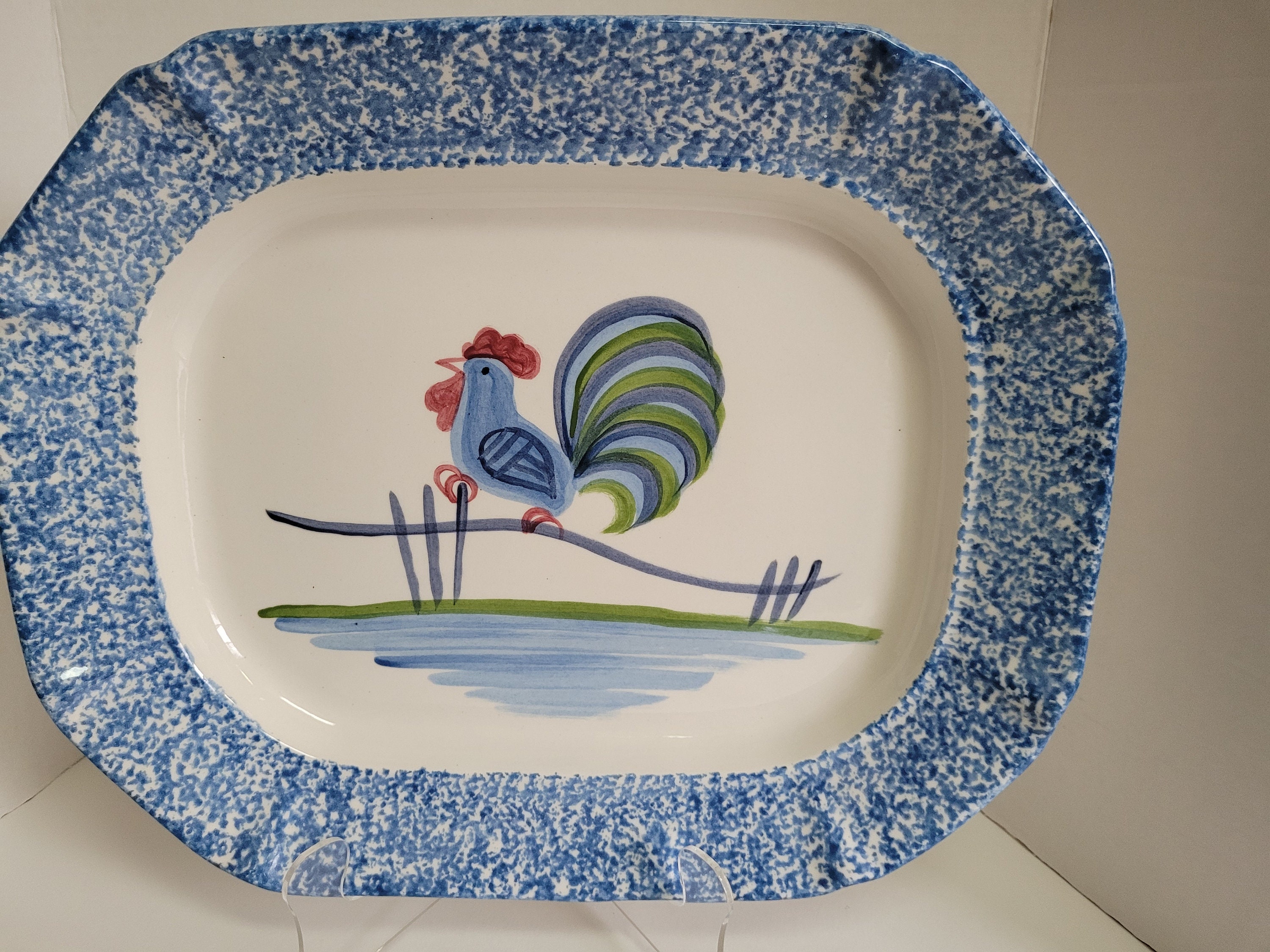 Large Vintage Blue and White Spongeware Platter Rooster Designcraft ...