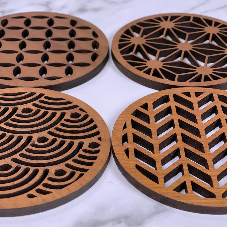 Japanese Patterns Upcycled Teak Wood Coasters - Individual / Set of 4 ...