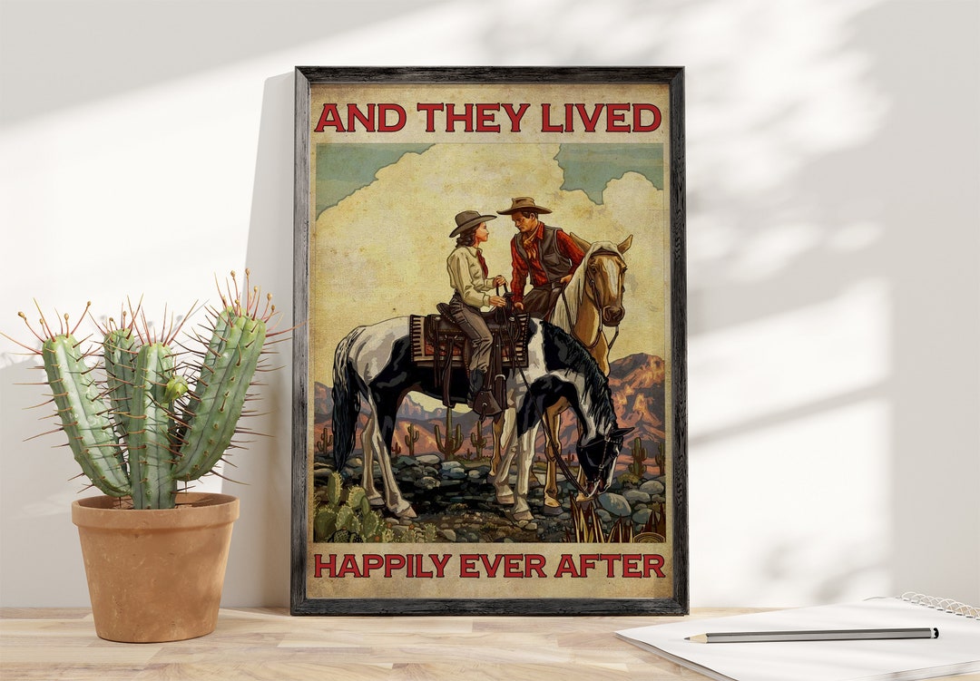 Vintage Retro Couple Poster, Cowboy and They Lived Happily Ever After ...