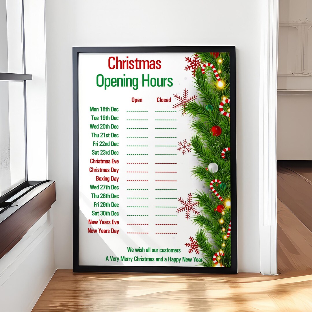 Holiday Store Opening Hours Poster, Christmas Business Hours, Christmas ...