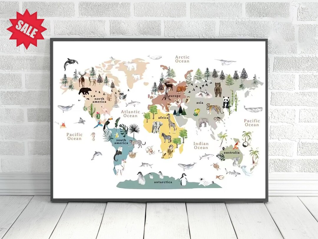 World Map Poster for Kids – Cartoon Animal Map – Educational Geography ...