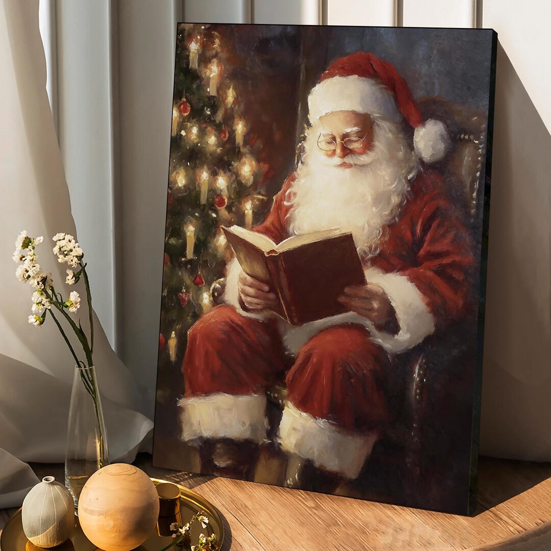 Vintage Christmas Canvas Wall Art, Santa Claus Reading Booking Pictures ...