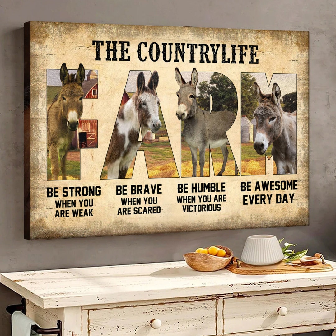 The Country Life Farm - Donkey Poster & Canvas, Farmer Gift, Donkey ...