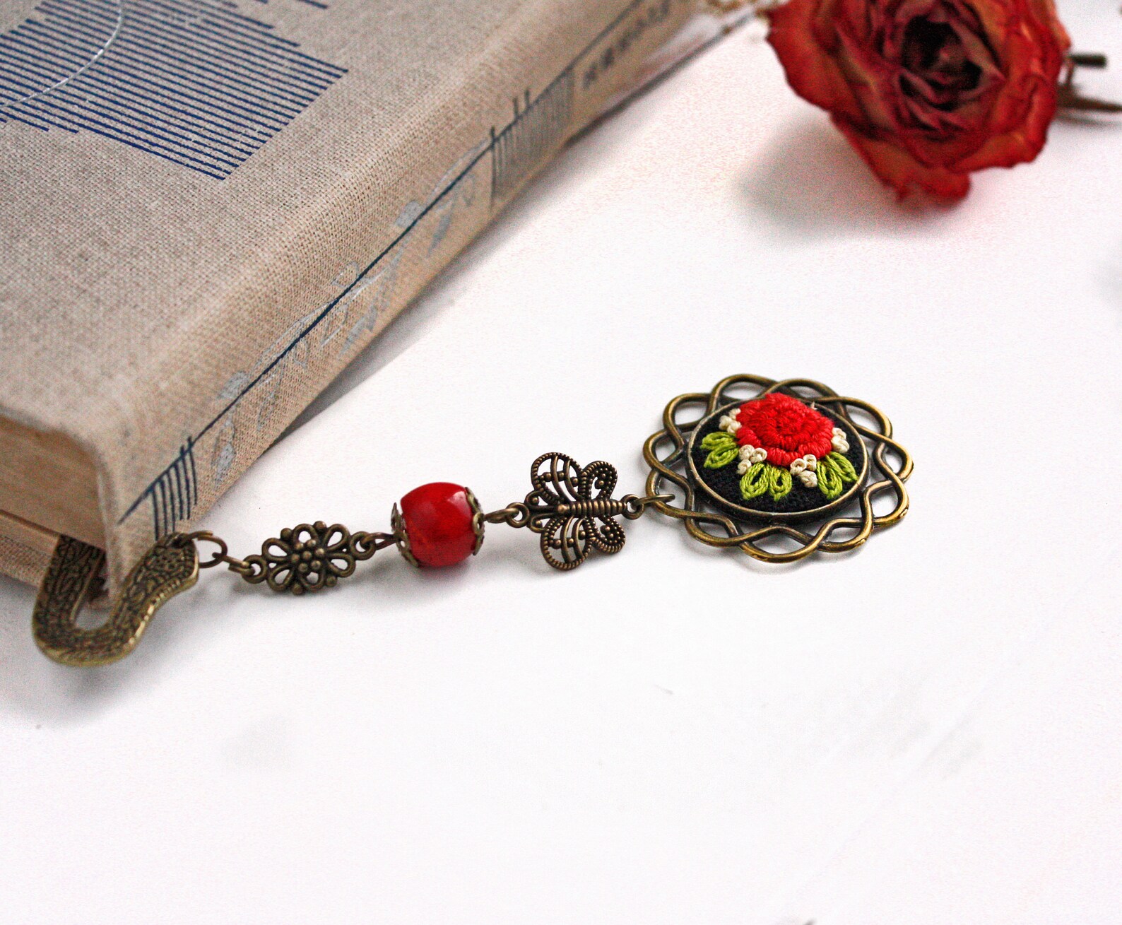 Red rose bookmark for teacher Black flower book mark Coral | Etsy