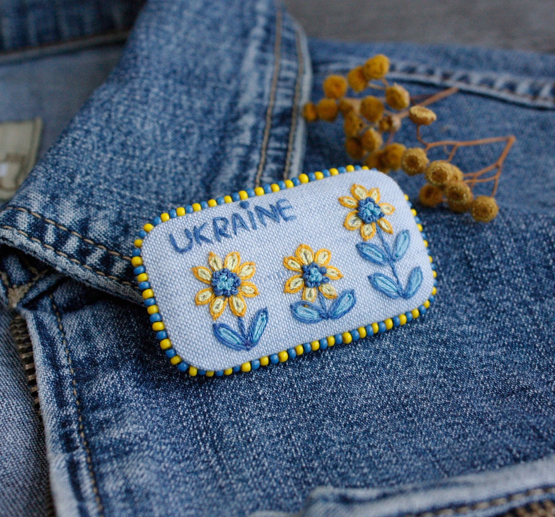 Ukrainian Pin Brooch Handmade Indigo Blue Yellow Sunflower Pin Ethnic ...
