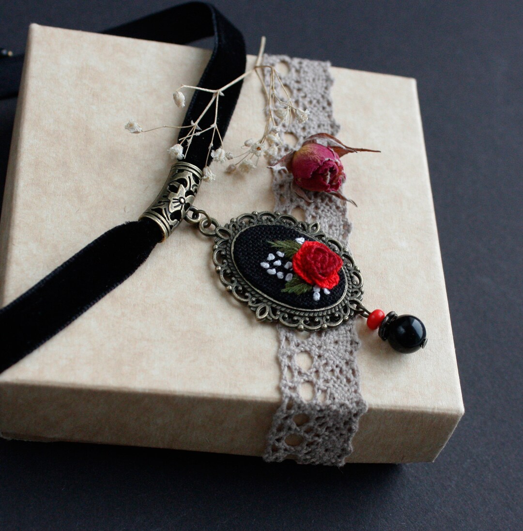 Miniature Victorian Choker With Flower Cameo Pendant Coral and Black ...