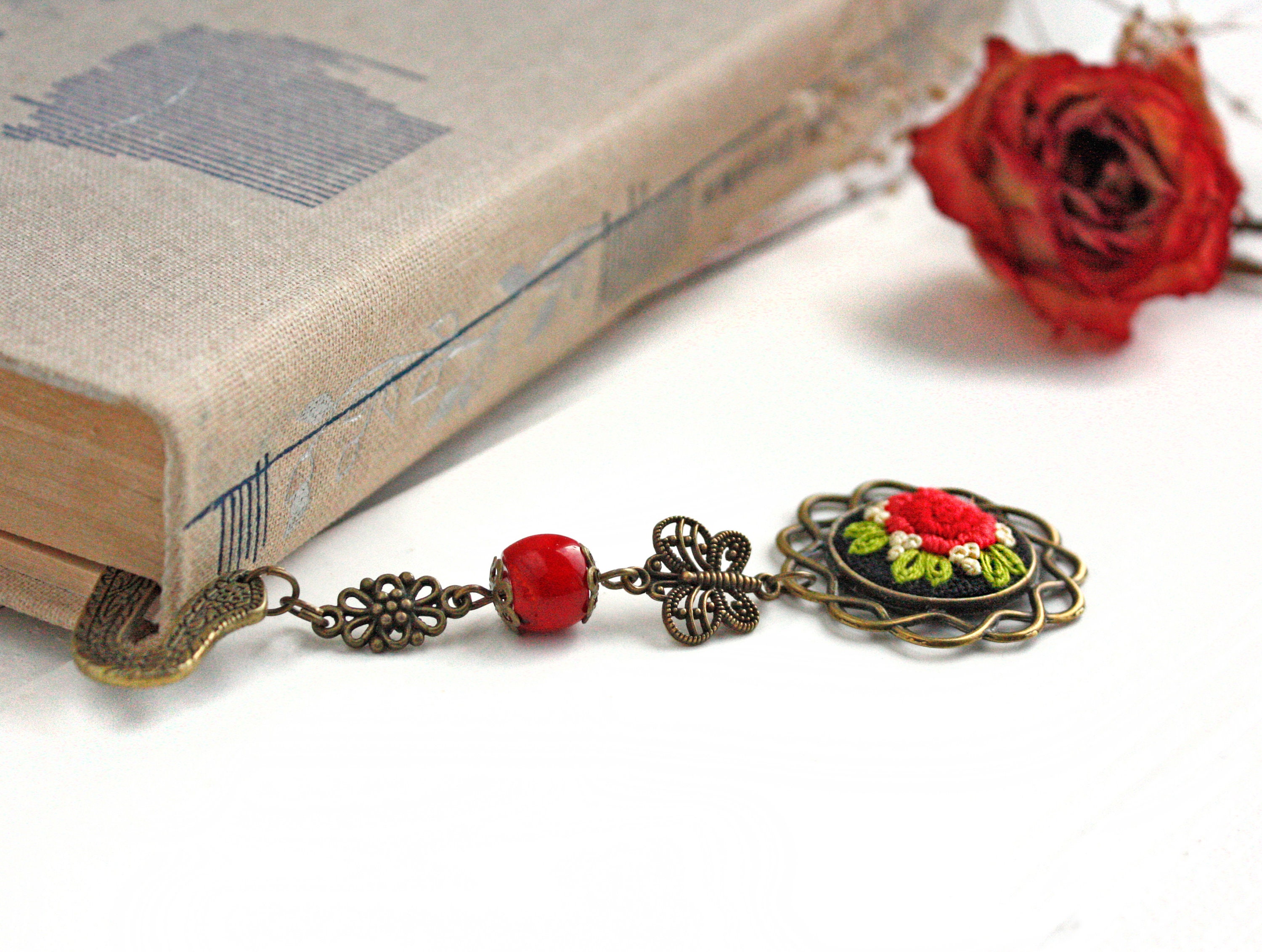 Red Rose Bookmark for Teacher Black Flower Book Mark Coral | Etsy