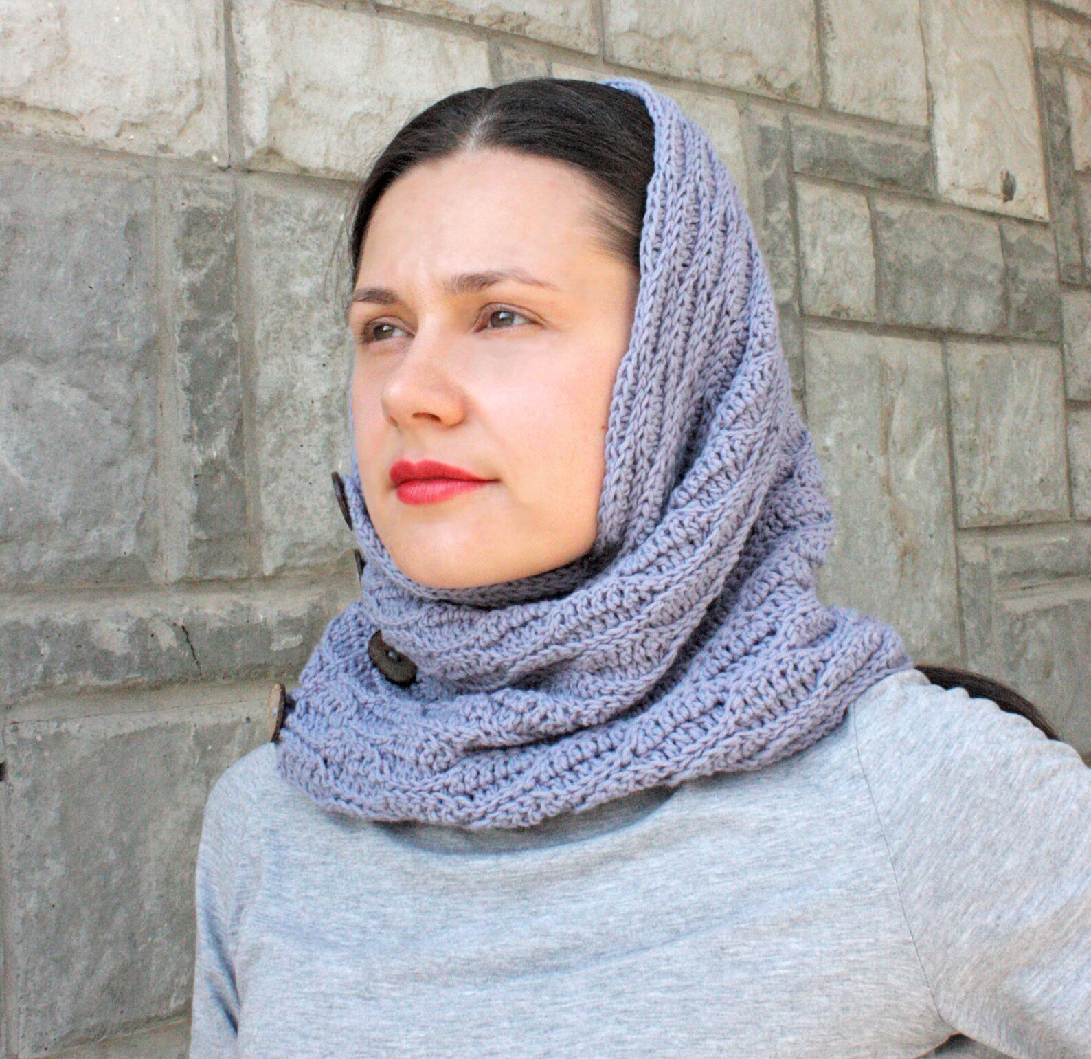 Chunky head cowl with button Blue head scarf knitted Wool - Etsy 日本