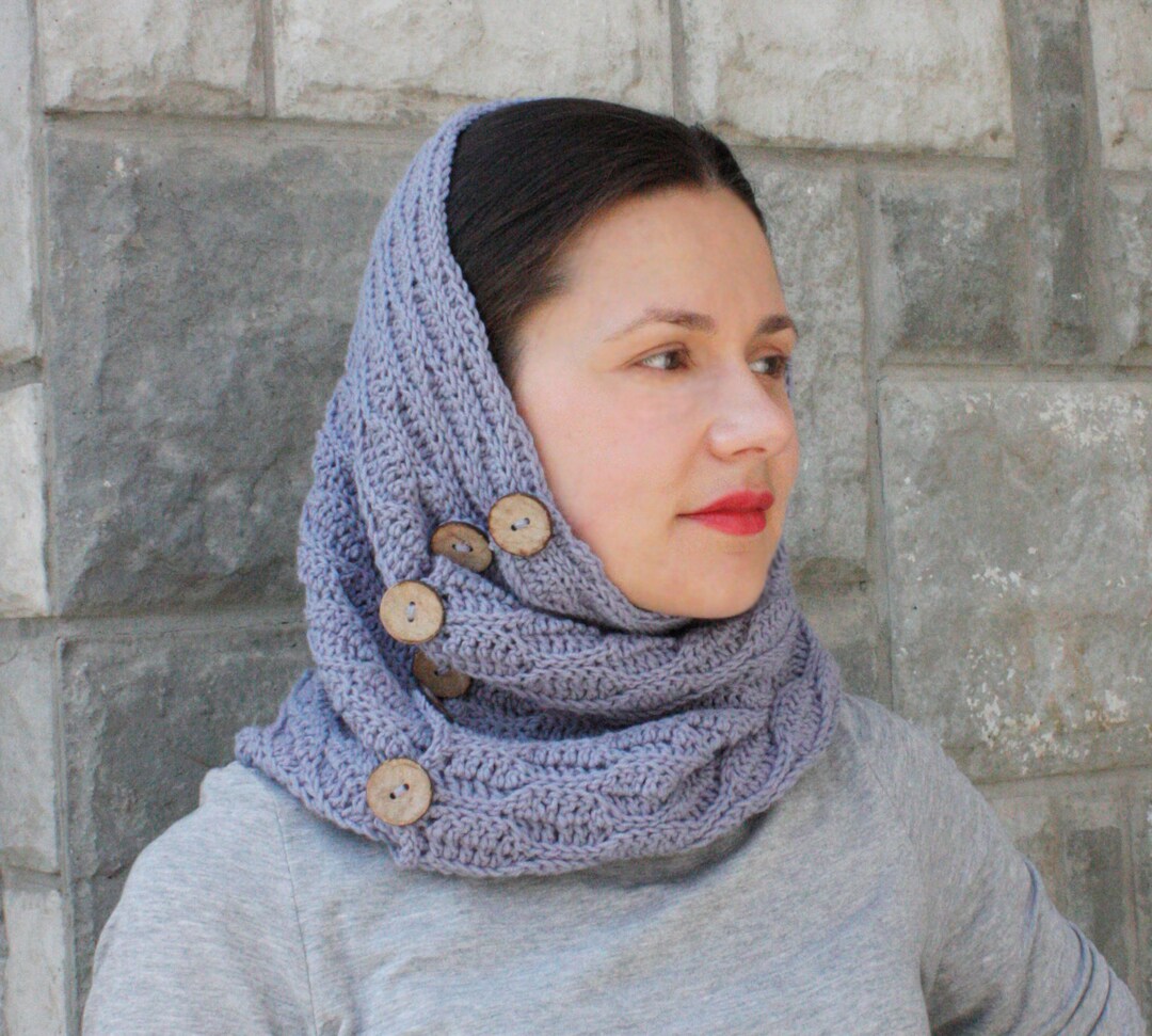 Chunky head cowl with button Blue head scarf knitted Wool - Etsy 日本